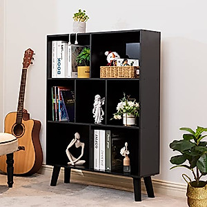 YAHARBO Black Bookshelf,3 Tier Modern Bookcase with Legs,Bookshelves Wood Storage Shelf,Rustic Open Book Shelves Cube Organizer,Free Standing Short Bookcases for Small Space,Bedroom,Living Room,Office