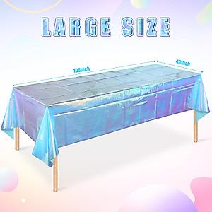3Pcs Iridescent Plastic Tablecloths Shiny Disposable Laser Rainbow Rectangle Table Covers Holographic Foil Metallic Table Cloth for Iridescent Party Decorations Birthday Bridal Wedding 40"x108"(Blue)