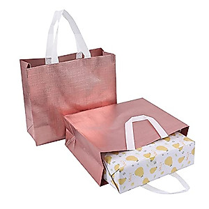 YHJZ 12 Pcs Reusable Gift Bags, Rose Gold Gift Bags Glossy Glitter Reusable Grocery Bag with Handle Non-woven Shopping Bags Tote Bag for Presents Bridesmaid Birthday Party Wedding (Rose Gold)