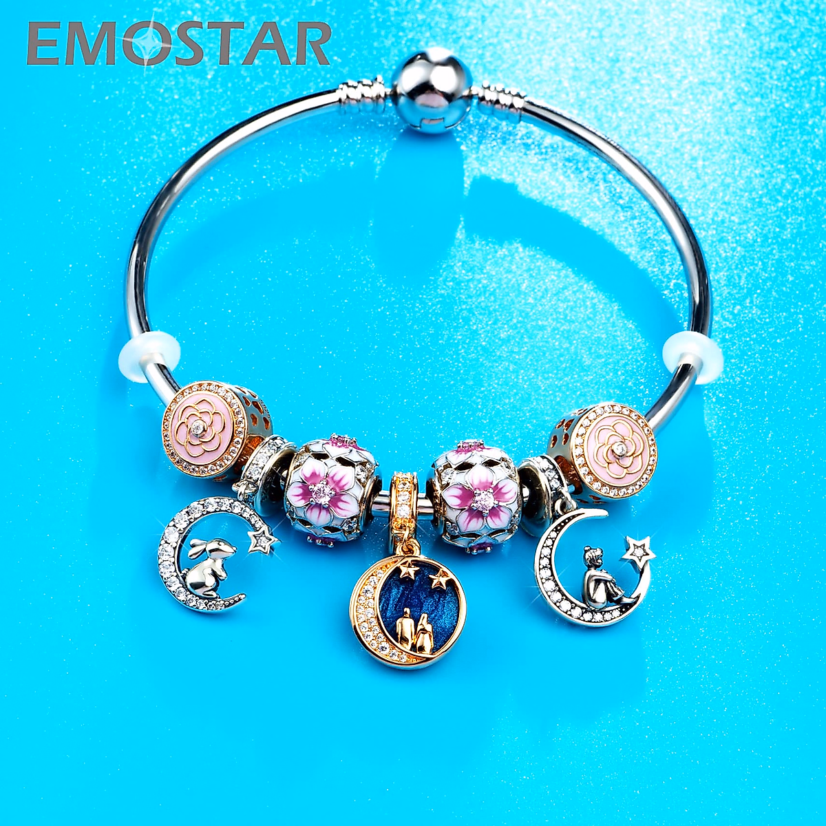 Rabbit on Crescent Moon Pendant Charms, fits Pandora Easter Bracelet, 925 Sterling Silver Bunny Animal Dangle Beads with CZ Moon Star, Gift for Christmas/Birthday/Pet Lover