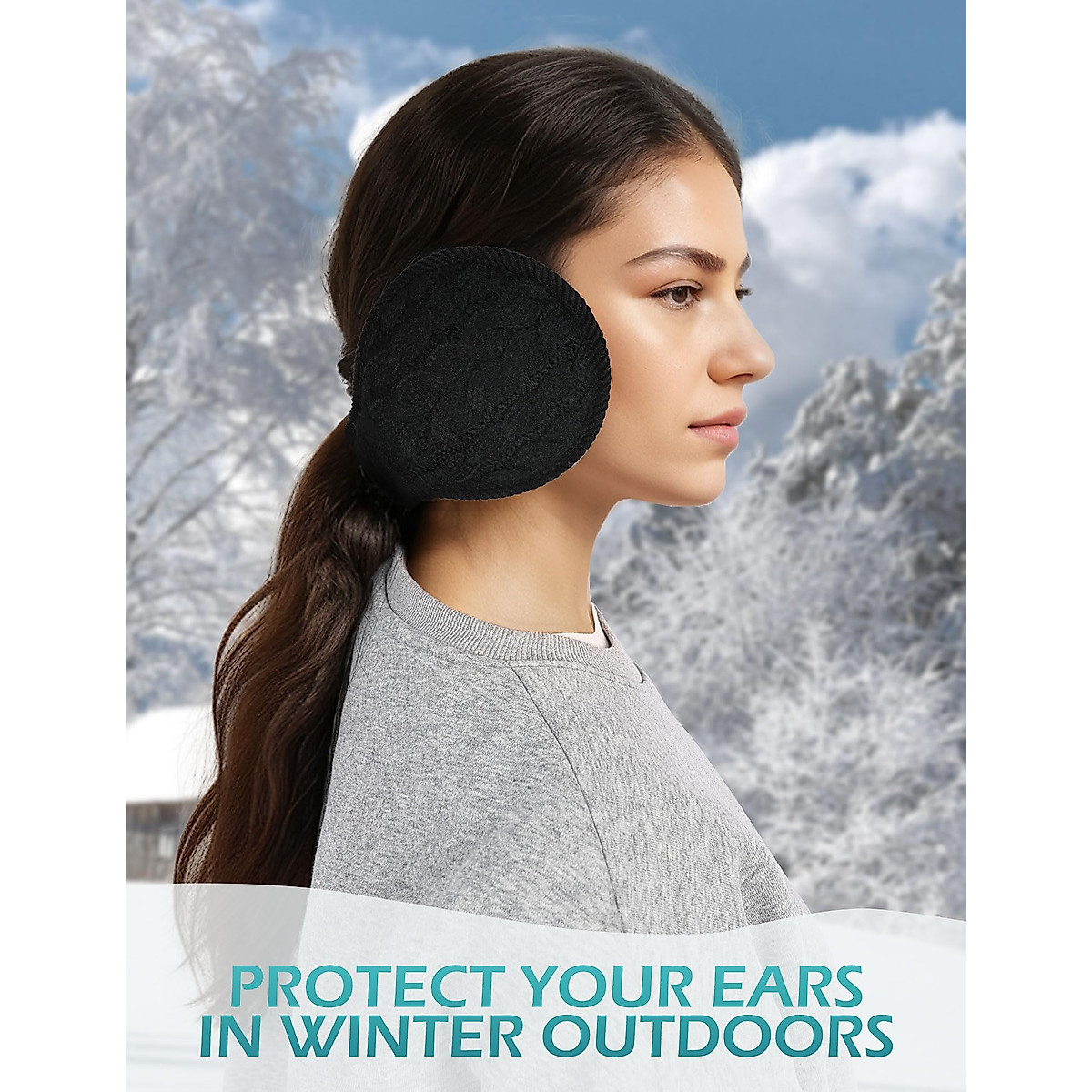 Surblue Unisex Warm Knit Cashmere Winter Pure Color Earmuffs with Fur Earwarmer, Adjustable Wrap,Black,Large