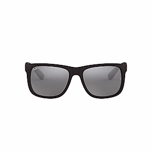 Ray-Ban RB4165F Justin Low Bridge Fit Rectangular Sunglasses, Rubber Black/Grey Mirrored Silver, 58 mm