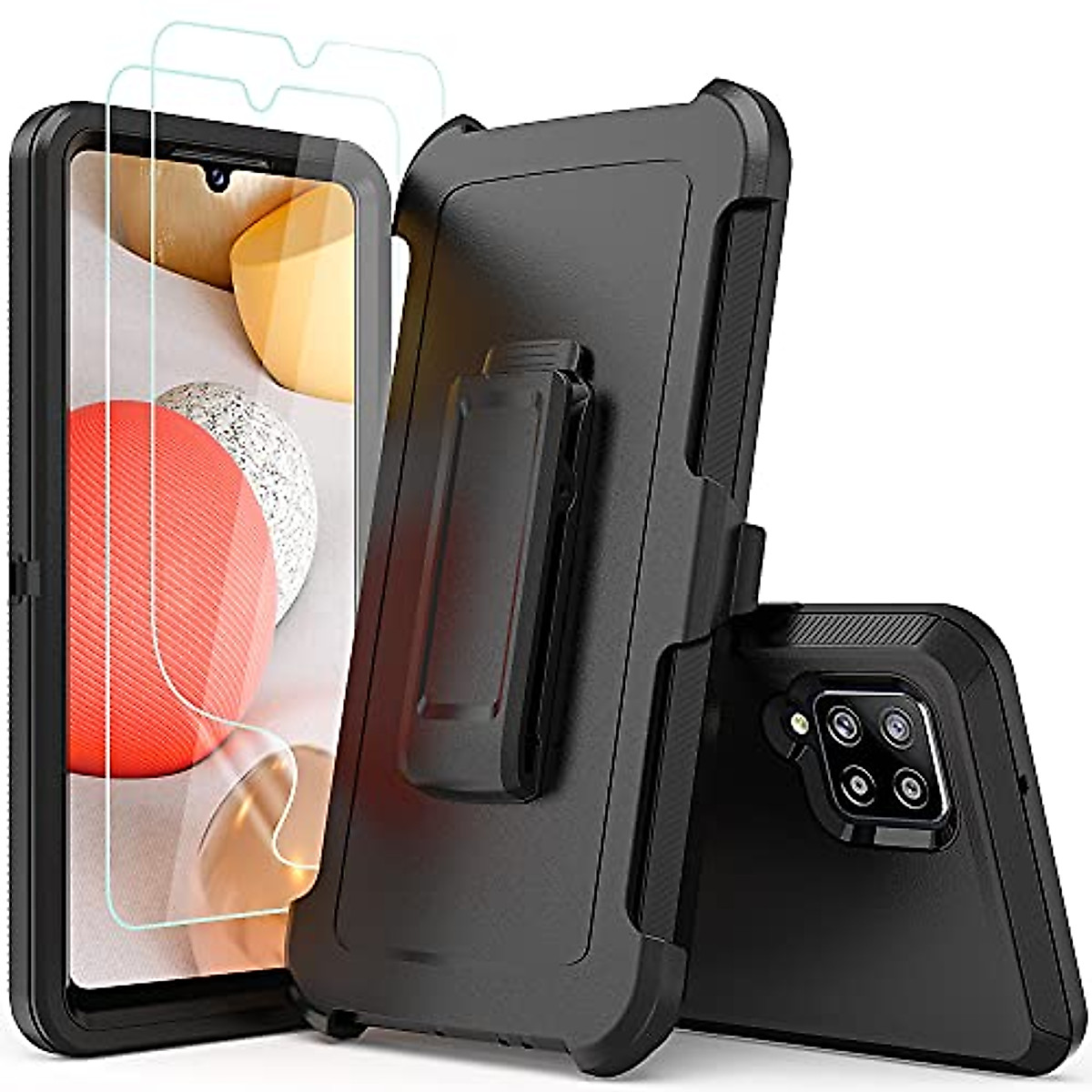 Compatible with Samsung Galaxy A42 5G Case,with Screen Protectors,Heavy Duty Rugged Shockproof Full Body Protection Kickstand Case with Belt Clip Holster for Samsung Galaxy A42 5G (Black)