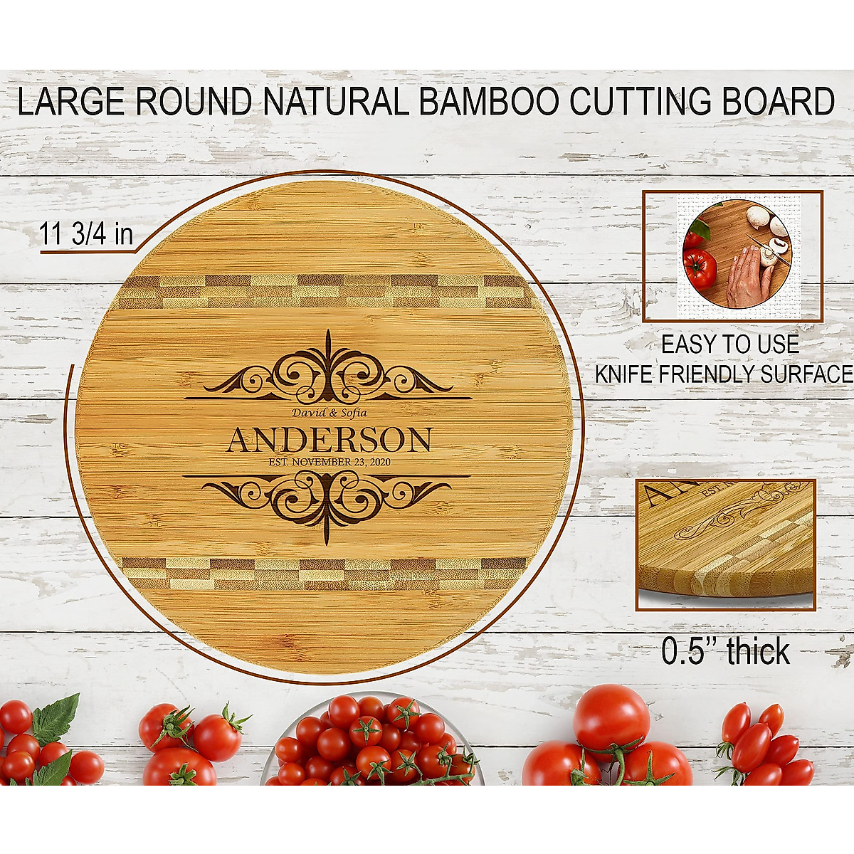 Personalized Round Cutting Board, Custom Engraved Monogram Block Inlay Cutting Board for Wedding, Gift for Mom, Housewarming, Anniversary (Large: 11 3/4'')