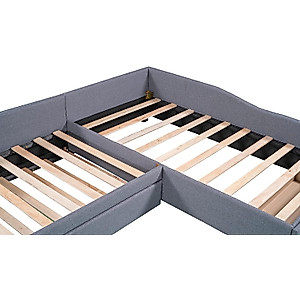 CITYLIGHT Upholstered L-Shaped 2 Twin Beds with Trundle and Storage Drawer, Wood Linen Corner Bed for Kids Girls Boys Teens Bedroom, Grey