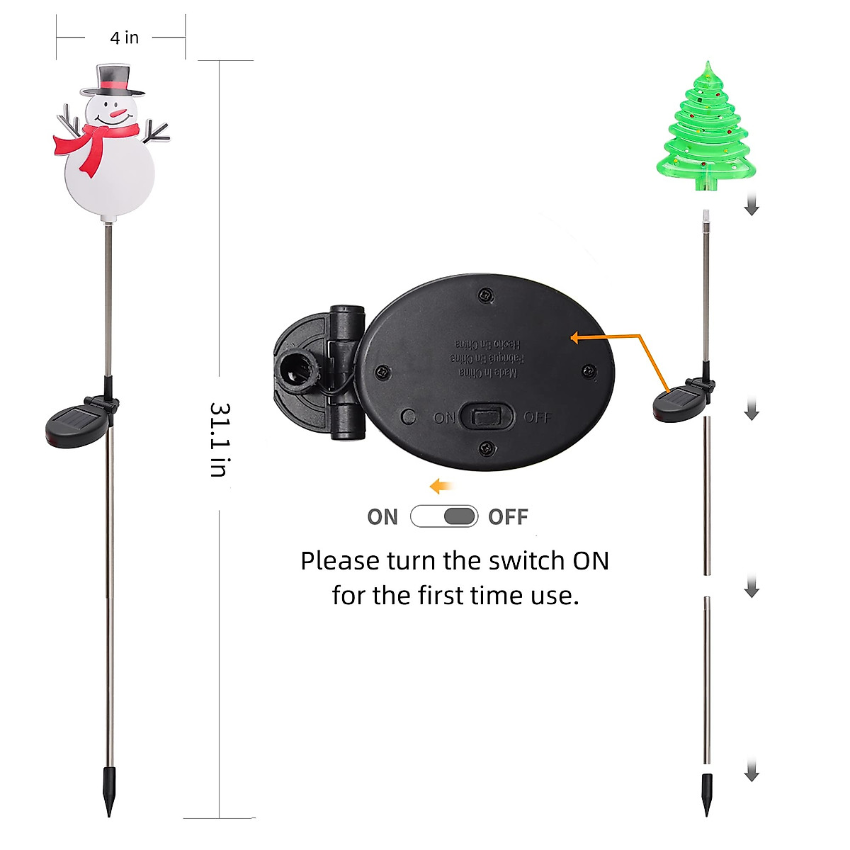 Glintoper 4 Pack Solar Christmas Figurine Lights, Outdoor Lighted Decorative Santa Claus, Snowman, Xmas Tree & Reindeer with Garden Stakes, Warm White LED Lighting Yard Stake for Path Lawn Patio Decor