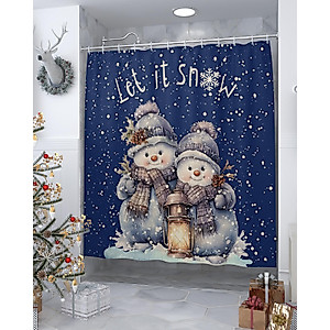 Navy Blue Snowman Christmas Shower Curtain, Xmas Pine Cones Botanical Stall Shower Curtains for Bathroom/Bathtub, Winter Snowflake Waterproof Fabric Shower Curtain Set with 12 Hooks, Standard 72"x72"