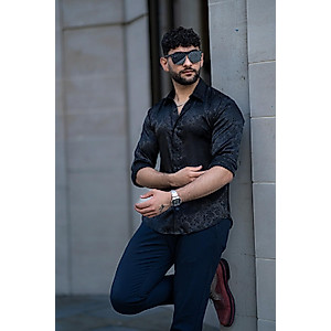 COOFANDY Mens Floral Rose Printed Long Sleeve Dress Shirts Prom Wedding Party Button Down Shirts (Black)