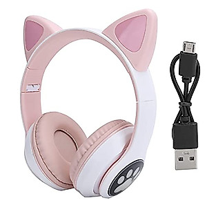 Cat Ear LED Light Cute Headsets, Wireless Bluetooth Gaming Headphones for PS5/ PS4/ PC, Stereo Surround Sound, Volume Control, Switch Songs, Voice Calls, RGB Lighting Gift for Girls (Pink)