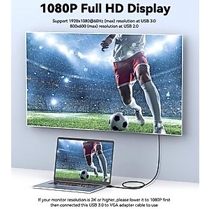 Herfair USB to VGA Adapter for Monitor 3FT USB 3.0 to 15Pin D-sub Converter Cable 1080P Video Display Cord Supported Mac OS/Windows 10/8/7 Systems Only (3.2FT, Require Driver Installed)