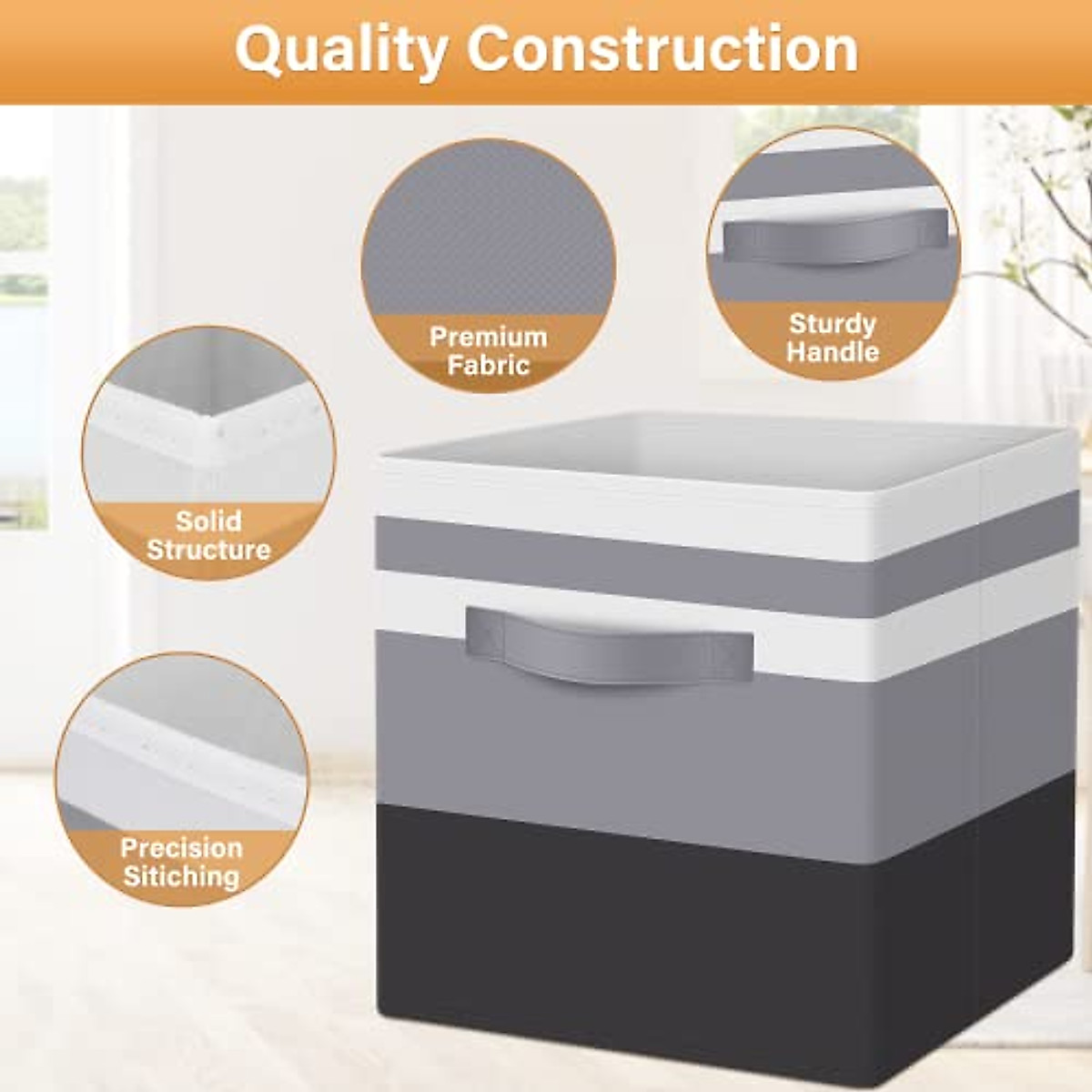 StoreHappily Storage Bins, 11 Inch Foldable Fabric Boxes with Handles and Cardboard for Closet, Utility Room, Bedroom Living Room, Pack of 3