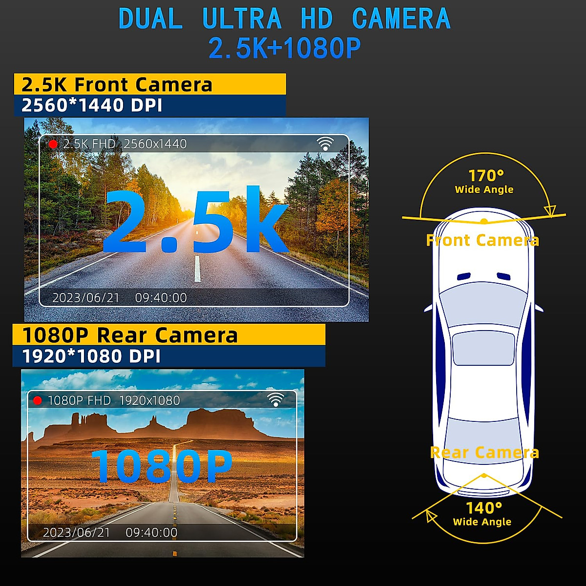 Dash Cam Front and Rear 2.5K+1080P FHD WiFi Dual Dash Camera for Cars, 170° Angle Dashboard Camera with 64G SD Card, App Control,3” IPS Screen,Night Vision,Parking Mode,G-Sensor,WDR,Loop Recording