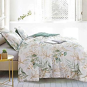 Nanko Queen Size Comforter Set, Green Gold Floral Leaf Flower Print Pattern Down Alternative Comforter Microfiber Modern Bedding,All Season Duvet Bed Set in a Bag for Women Men, 3 Pcs,88 x 90 inch