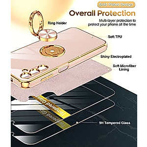 LeYi for Samsung Galaxy A14 5G Case with Tempered Glass Screen Protector [2 Pack] 360° Rotatable Ring Holder Magnetic Kickstand, Plating Rose Gold Edge Protective Case, Pink