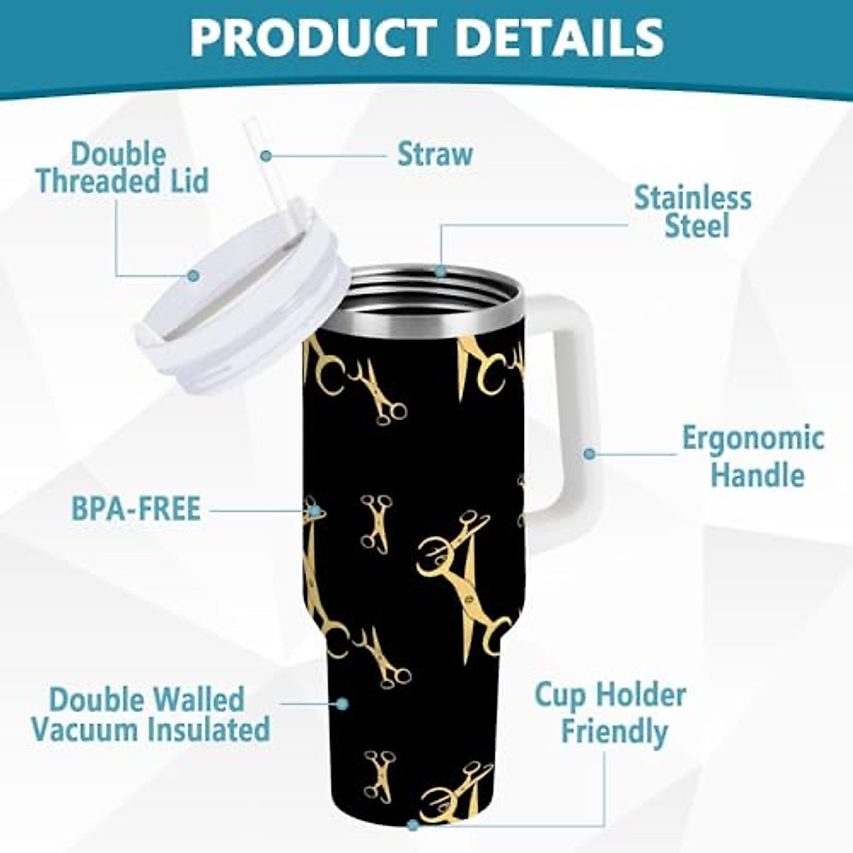 RPLIFE Elegant Cartoon Golden Scissors Black 40 Oz Tumbler with Handle, 30 Oz Tumbler, Tumbler for Men