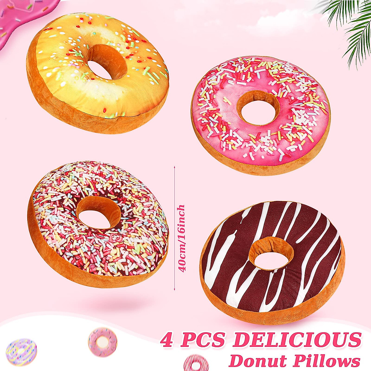 4 Pcs Donut Pillow 3D Digital Print Round Throw Pillow 16 Inches Donut Seat Back Stuffed Cushion Funny Decorative Soft Plush Food Stuffed Decor Seat Pad Cushion for Couch Chair Floor Sofa, 4 Styles