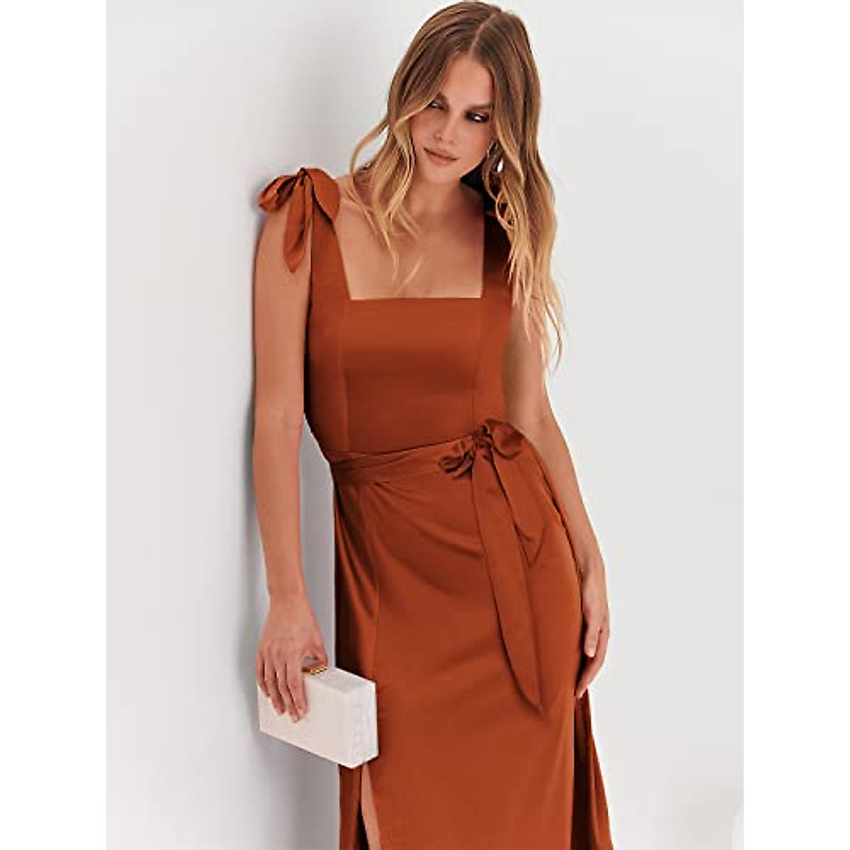 ANRABESS Women's Satin Formal Dress Square Neck Ruffle Split Midi Bridesmaid Dress for Wedding Guest Cocktail Party A1008jiaotang-M Caramel