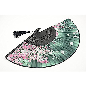 OMyTea® Women Hand Held Silk Folding Fan with Bamboo Frame - with a Fabric Sleeve for Protection for Gifts - Sakura Cherry Blossom Pattern (WZS-2)
