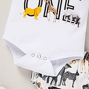 GRNSHTS Baby Kids 1st Birthday Shorts Set Infant Boy Girl Wild One Animal Romper Bodysuit Cake Smash Party Clothes(White,12-15M)