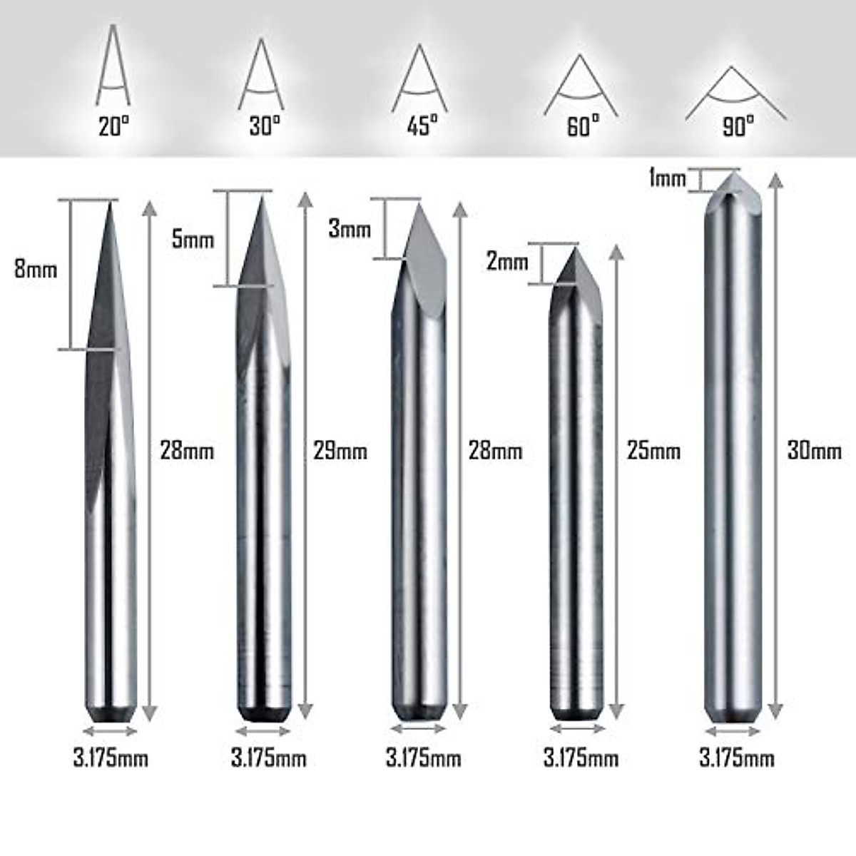 10pcs CNC Router V Bits, 3 Edge Pyramid Engraving, 1/8" Shank CNC 3D Milling Cutter| 20/30/45/60/90 Degrees, 0.1mm Tip