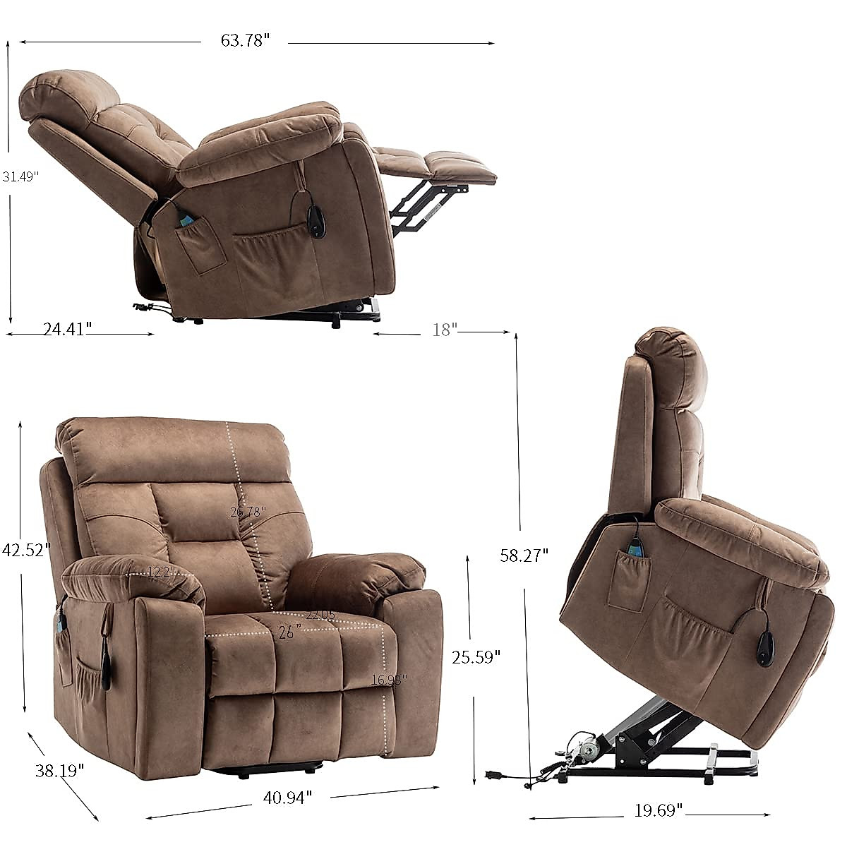 Lifeand Lift Relax Sofa Furniture Living Room Power Elderly Electric Lounge Chair, Antique Brown