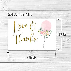 24 Pink Balloon Baby Shower Thank You Cards With Envelopes, Kids Thank-You Note, 4x6 Gratitude Card Gift For Guest Pack For Party, Birthday, For Girl Children, Cute Watercolor Blush Event Stationery