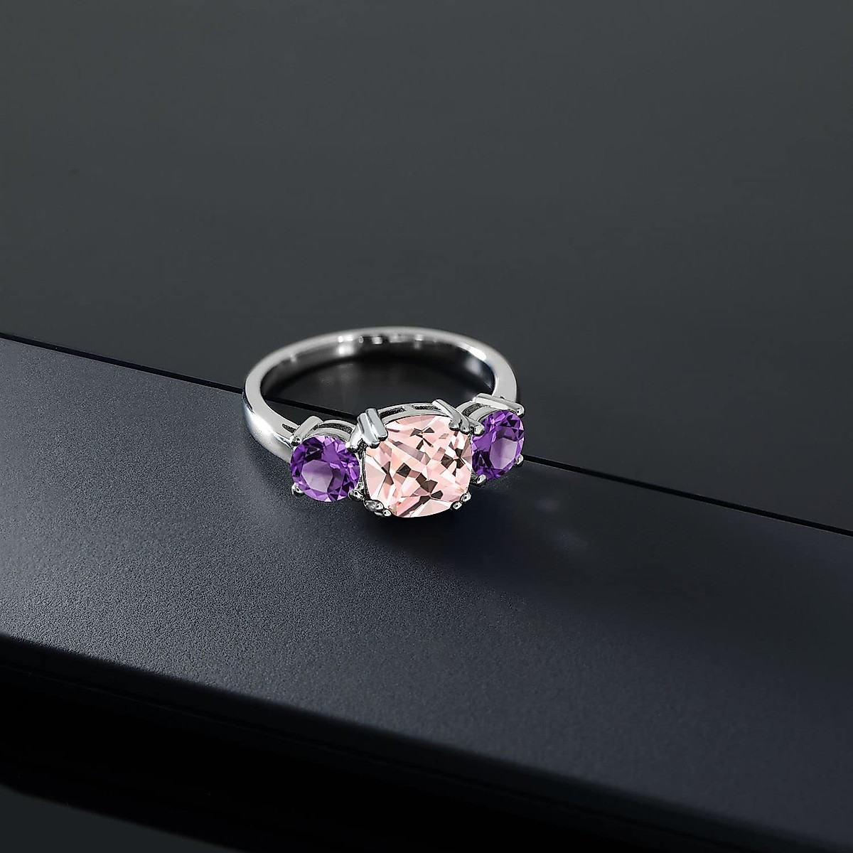 Gem Stone King 925 Sterling Silver Peach Nano Morganite and Purple Amethyst 3 Stone Engagement Ring For Women (2.95 Cttw, Gemstone October Birthstone, Cushion 8MM, Size 6)