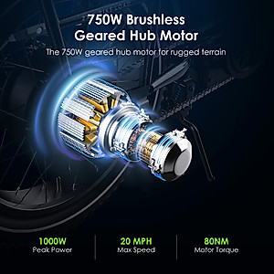 Oraimo Electric Bike for Adults,750W Motor (Peak 1000W) 20''x4.0 Fat Tire,Dual UL Certified 48V 10.4Ah Removable Battery,Ebike with 4A 3H Fast Charge,and Front Fork Suspension Electric Bicycle,Black