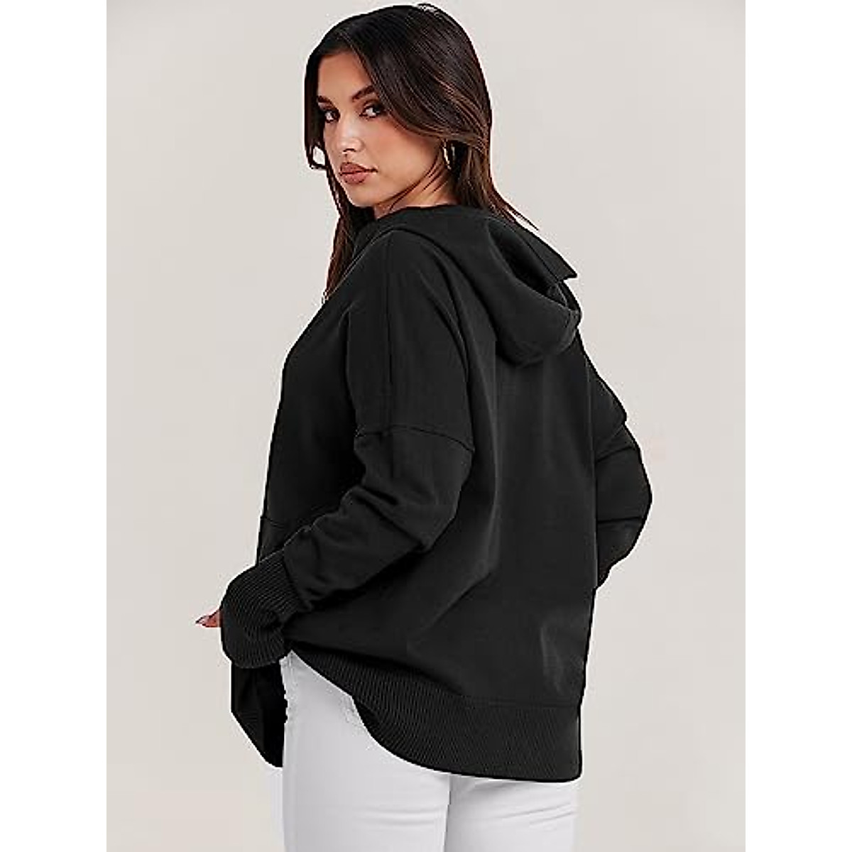 ANRABESS Women Casual Henley Hoodies Oversized Sweatshirt Ribbed Knit Long Sleeve Shirts Buttons V Neck Loose Baggy Sweater Hooded Pullover Fashion 2023 Fall Clothes 1064heise-S Black