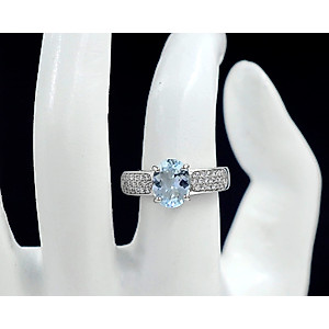 9X7 MM Natural Deep Color Aquamarine Gemstone 925 Sterling Silver March Birthstone Solitaire Unisex Promise Ring For Engagement (Rhodium Plated Silver, 6.5)