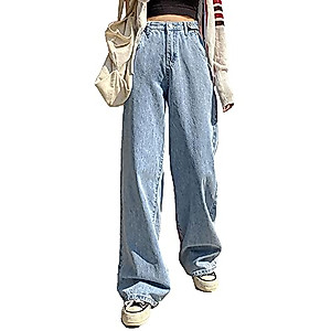 LQI Women's High Waist Baggy Boyfriend Jeans Distressed Wide Leg Denim Pants Blue