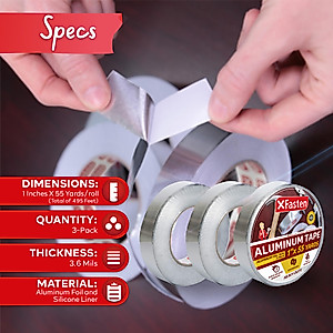 XFasten Aluminum Foil Tape for Ductwork 1 Inch x 55 Yards 3-Pack (495 Feet) 3.6mil Aluminum Tape for Ductwork Heavy Duty Dryer Vent Tape Foil and Seal HVAC Tape for Ducts, High Temp HVAC Duct Tape