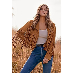 PRETTYGARDEN Women's Fringe Faux Suede Leather Jackets 2023 Fashion Tassel Motorcycle Cropped Coats (Brown Yellow,Small)