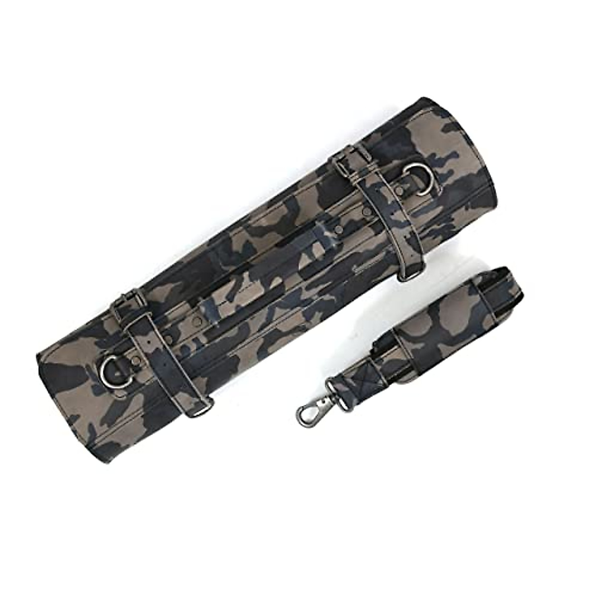 Leather Knife Roll Storage Bag, Elastic and Expandable 10 Pockets, Adjustable/Detachable Shoulder Strap, Travel-Friendly Chef Knife Case (Camo Green, Leather)
