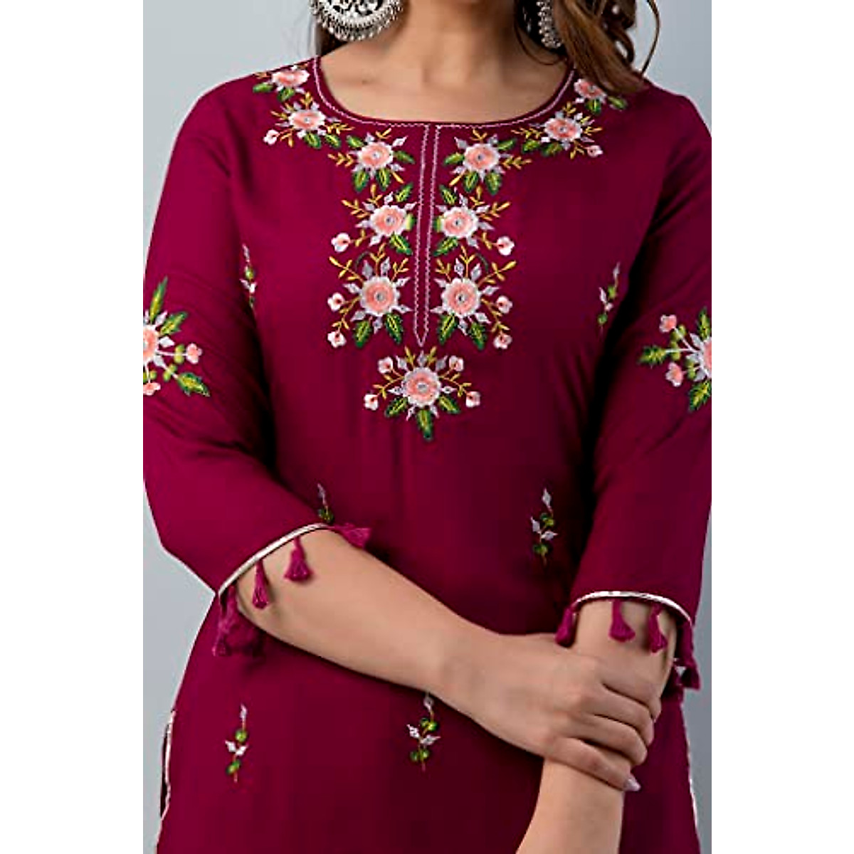 JG Women's Ethnic Wear Collection Rayon Straight Embridered Kurti & Pant Set With Dupatta Readymade Salwar Suit For Women Casual Wear(Maroon-X-Large Size)