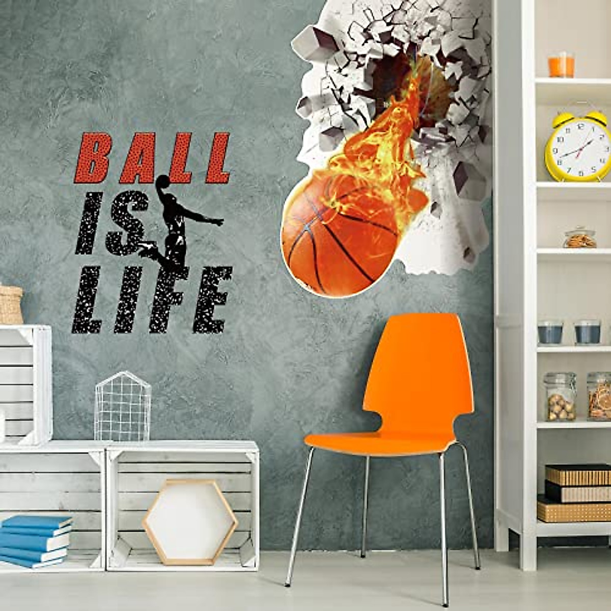 Basketball Wall Decal 3D Self Adhesive Removable Break Through The Wall Vinyl Wall Stickers Ball is Life Wall Decal Dunk Silhouette Stickers Basketball Room Decor for Boys Bedroom, 18 x 38 Inch