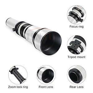 JINTU 650-1300mm f/8 Manual Telephoto Zoom Lens + T-Mount for Canon EOS Rebel SL2 SL1 T3 T3i T4i T5 T5i T6 T6i T6s T7 T7i 4000D 850D/SL3/SL2 6D Mark II/5D Mark IV/90D/80D/77D DSLR SLR Cameras
