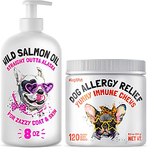 Wild Alaskan Salmon Oil for Dogs & Cats 8 oz and Allergy Relief 120 Chews for Dogs & Immune & Digestive Supplement with Wild Salmon Oil