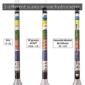 Hydrometer & Testing Jar Kit by MiTBA Test the ABV, Brix & Gravity of your Wine, Beer, Mead & Kombucha accurately! Triple Scale Hydrometer + 250ml Plastic Graduated Cylinder + cleaning brush & cloth