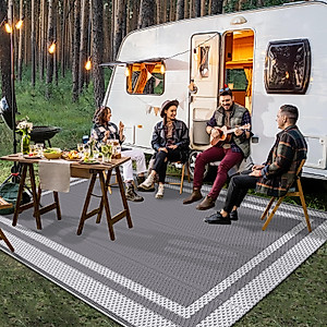 HappyTrends Outdoor Rug Reversible Portable Plastic Straw Camping Rugs for Outside RV,Large Waterproof Outdoor Area Rugs for Patio,Deck,Porch,Balcony(5'x 8',White&Gray)