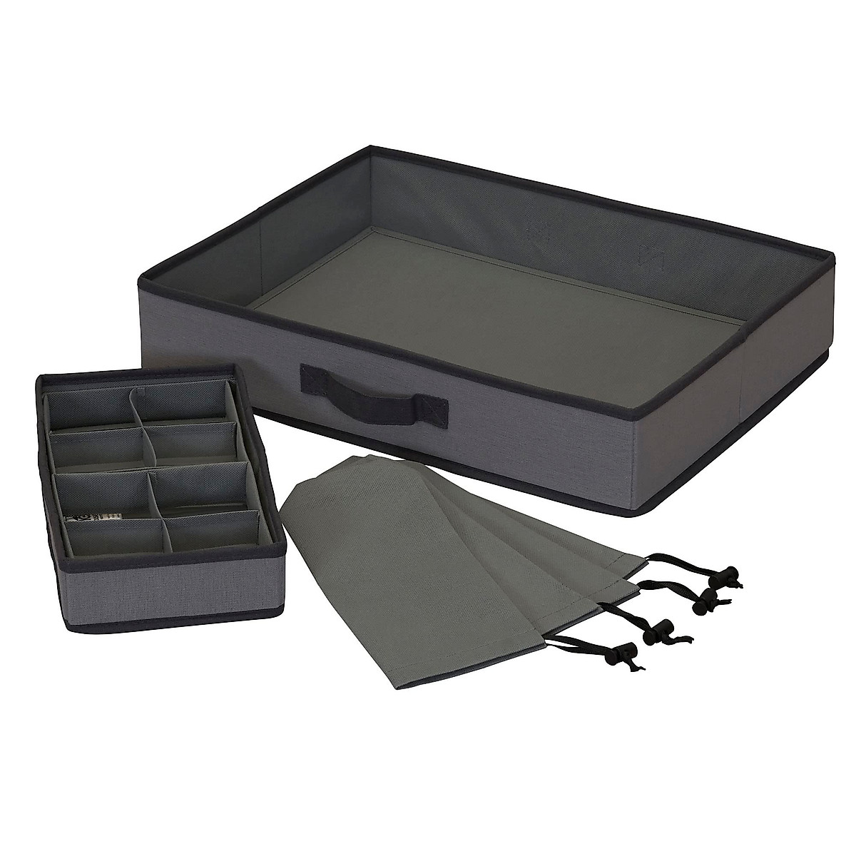 Household Essentials Tabletop Storage Box, Windowed Lid and Front Handle, 8 Compartment Lift-out Tray, 4 Fabric Pouches, Perfect for Special Occasion Tabletop Linens, Gray