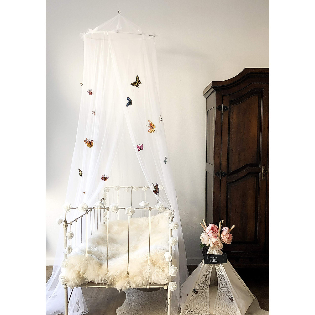 Dream Tada Cinderella Room Decorations, Girl's Bed Canopy - Kid's Glow in The Dark Butterflies Netting, Fit Twin Full Queen, DIY Kit Make a Wish As You Place Each Butterfly