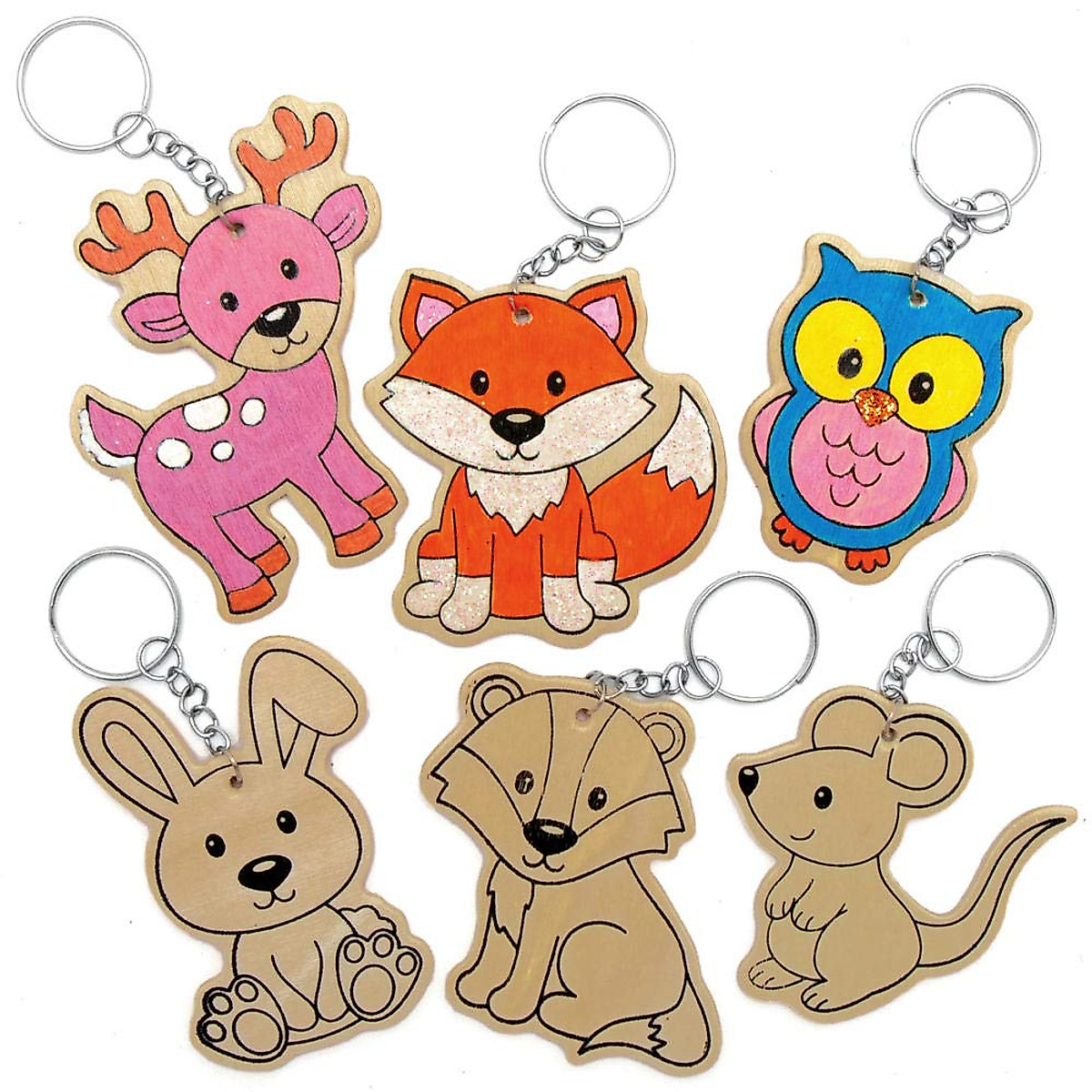 Baker Ross AX182 Woodland Animal Wooden Keyrings - Pack of 10, Color in Woodcraft Kits for Kids Arts and Crafting Activities