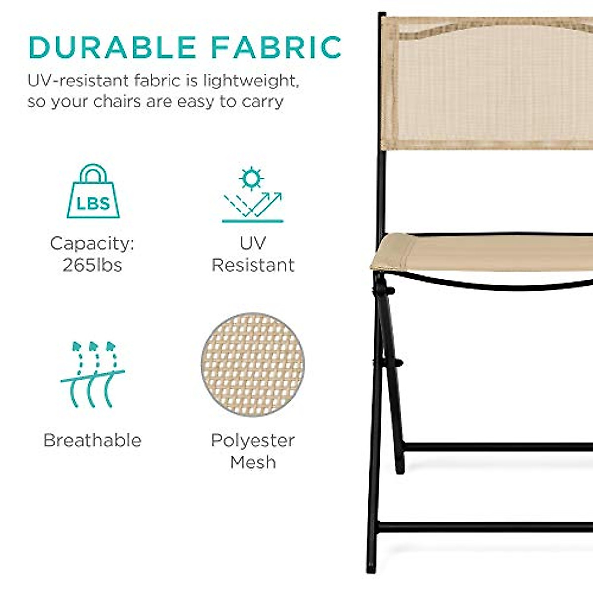 Best Choice Products 3-Piece Patio Bistro Dining Furniture Set w/Textured Glass Tabletop, 2 Folding Chairs, Steel Frame, Polyester Fabric - Beige