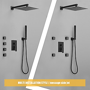 BESy 12 Inch Rain Shower Head System 4 Full Body Jets Set, Wall Mounted High Pressure Rainfall Shower Faucet Fixtures Combo with 2 in 1 Handheld Sprayer Hand Showerhead for Bathroom, Matte Black