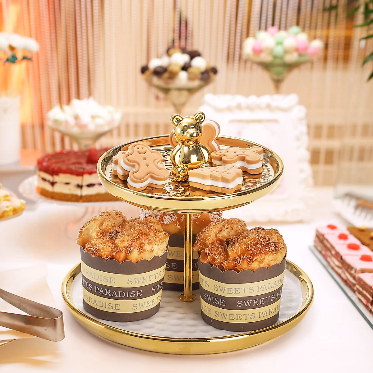 Tosnail Set of 2 Porcelain Cupcake Stand, Ceramic Dessert Stand Tiered Serving Trays, 3 Tiers and 2 Tiers Cake Stand Party Serving Trays, Fruit Pastry Holders for Wedding and Party - Gold Bear Rod