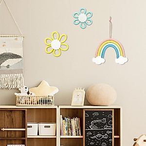 Boho Nursery Decor for Girl Woven Daisy Flower Decor Rainbow Macrame Wall Hanging Baby Girls Kids Nursery Home Bedroom Room Dorm Decor,3PCS