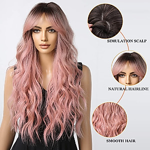 Esmee Long Wavy Pale Pink Wig For Women Bangs Wig Curly Synthetic Hair Natural Looking Heat Resistant Fiber For Daily Party Cosplay Christmas Wear