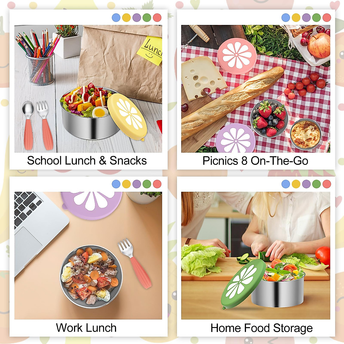 Hippywell Stainless Steel Food Containers with Silicone Lids, Leakproof Metal Lunch Box Set for Kids, Snack Boxes for Travel, 5Pcs Stainless Steel Containers, 1.7OZ up 23OZ