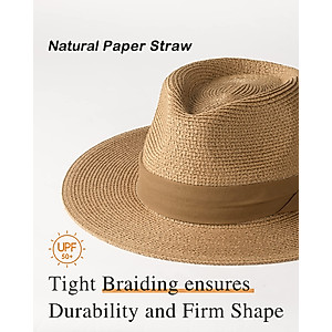 FURTALK Panama Hat Sun Hats for Women Men Wide Brim Fedora Straw Beach Hat UV UPF 50 Brown